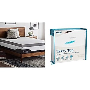 Lucid 4 Inch Bamboo Charcoal Memory Foam Mattress Topper - Queen & Premium Hypoallergenic 100% Waterproof Mattress Protector - Universal Fit, Cotton Terry Top, Queen