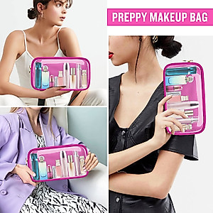 Small Clear Travel Makeup Organizer Bag for Purse, Preppy Makeup Bag Cute Cosmetic Zipper Pouch Purse, Transparent PVC & Nylon Waterproof Toiletry Storage Clutch Coin Pouch for Women Girls(Hot Pink)