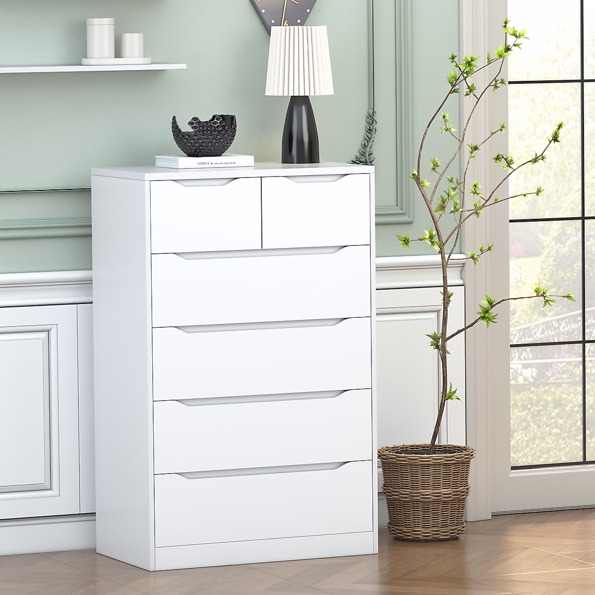 SPERTIKC Tall Chest of Drawers, 6 Drawer Dresser for Bedroom, White Dresser with Large Storage Space, Modern Dresser for Corridors and Living Rooms, 27.5" x 16" x 43.5"