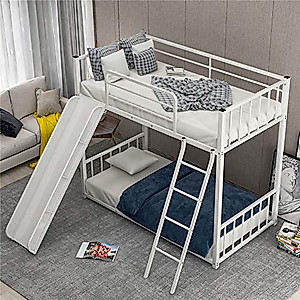 Metal Loft Bunk Bed with Slide and Ladder, Multifunctional Design, with Safety Guard Rails for Kids Teens Adults/Easy to Assemble/No Box Spring Required (White)