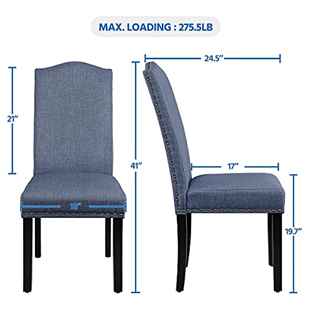 Topeakmart Dining Chair Fabric Upholstered Side Chair with Nailhead Trim and Solid Wood Legs for Home Kitchen and Restaurant, 2PCS, Blue