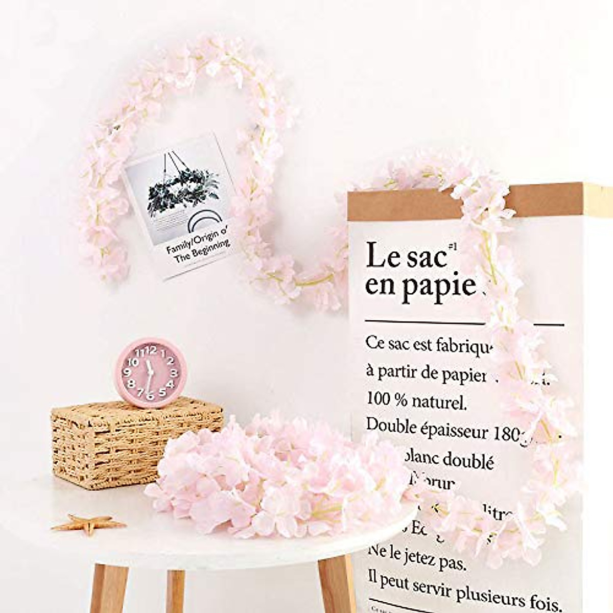 Homcomoda 4PC Artificial Silk Hydrangea Flower Hanging Wisteria Cattleya Vine Garland Each 200 Flower Spray Arrangements for Wedding Wreath Home Garden Party Decor (Light Pink)