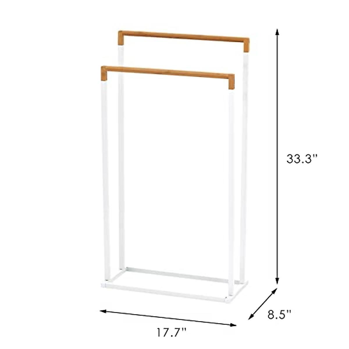 ikloo 33 Inch 2-Tier White Metal Freestanding Bathroom Towel Rack Stand with Bamboo Wood Bar, Laundry Room Drying Rack Holder, Bathroom Storage Organizer.