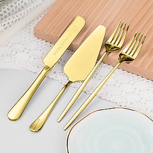 Personalized Cake Cutting Set for Wedding,4 Piece Wedding Cake Knife and Server set, Mr and Mrs Cake Cutter and Forks for Wedding, Birthday, Anniversary, Graduation Gift (gold)