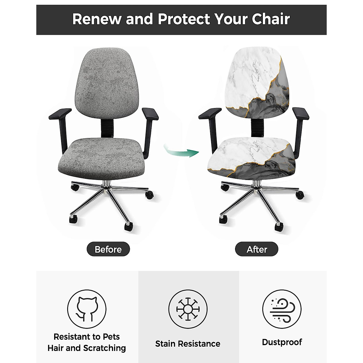 Marble Black Grey 2 Pieces Computer Office Chair Covers Set, Stretchable Desk Rotating Chair Seat Cushion Slipcover Back Covers, Decorative Protectors Cover Minimalist Abstract Gold Modern Art
