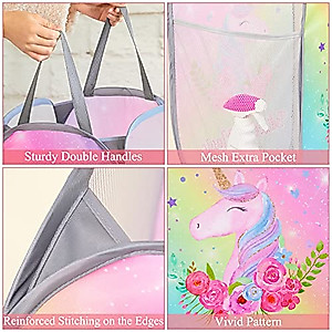 Basumee Kids Laundry Hamper Collapsible Laundry Baskets Pop Up Hamper Mesh Dirty Clothes Laundry Basket Foldable Hampers with Side Pocket for Nursery Room, Rainbow Unicorn