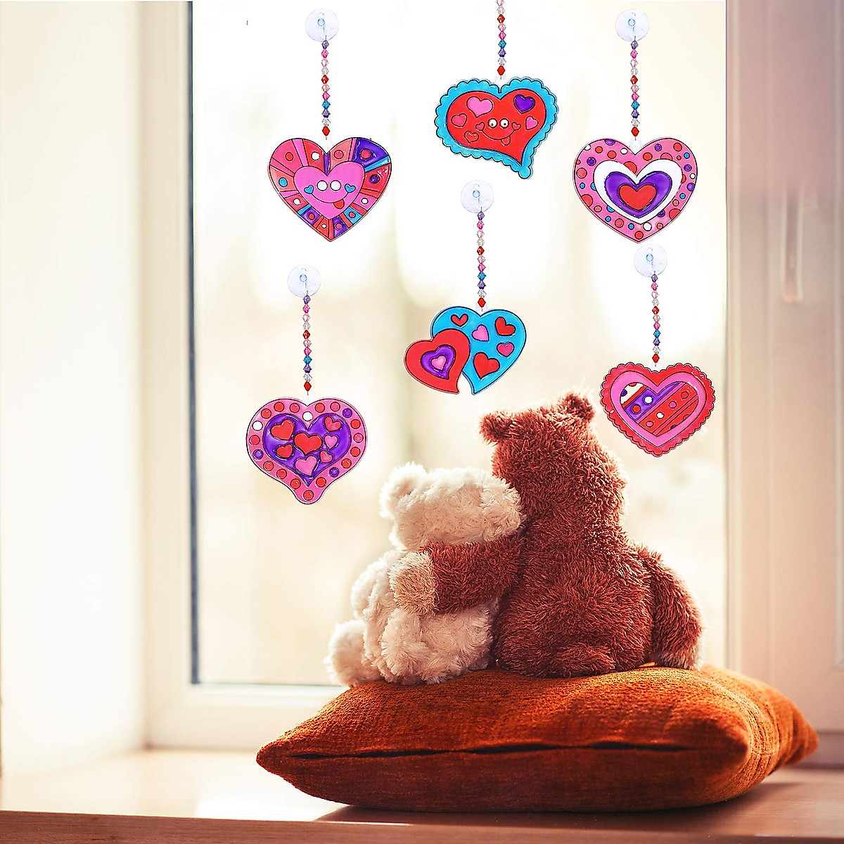Winlyn 27 Sets Heart Suncatchers Ornaments Decoration DIY Window Paint Art Stickers Craft Kit Heart Sun Catchers for Kids Mother's Day Gift Valentine's Day Classroom Art Project Party Favors