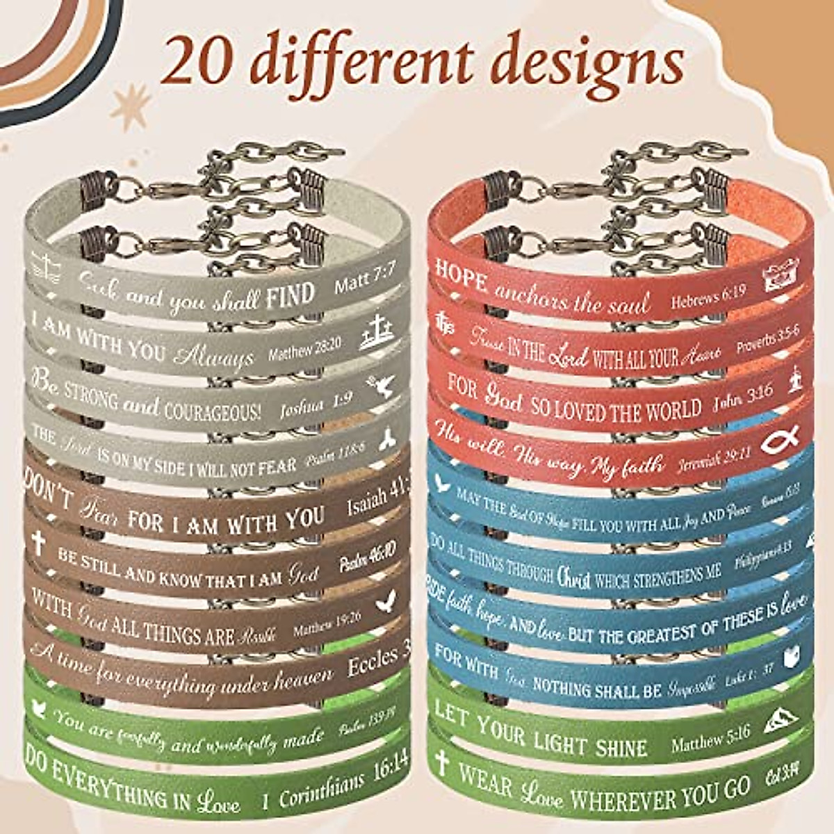 20 Pieces Bible Verse Bracelets Bulk Christian Leather Bracelets, God Faith Scripture Quotes Bracelet, Inspirational Gifts Bible Bracelets Scripture for Office School Home Woman Man (Multicolor)