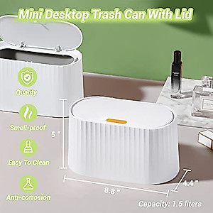 Mini Desktop Trash Can with Lid,Tiny Press Type Garbage Can with 90pcs Trash Bags,Small Little Cute Countertop Bathroom Waste Bin with Smell Proof Cover for Disposing Lint,Tissues,Cotton Pad (White)