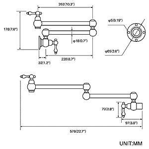 KATAIS Wall Mount Copper Pot Filler Faucet Rotatable Golden Kitchen Brass Faucet Single Hole 2 Handle Stretchable Double Joint Swing Arm Folding Faucet