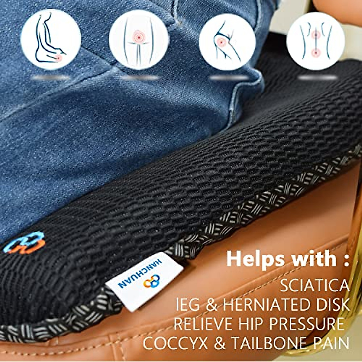 HANCHUAN Gel Seat Cushion Sciatica & Back Pain Relief 1.8" Thick Cushion for Long Sitting Orthopedic Gel Cushion with Honeycomb Breathable Design for Truck, Cars, Wheelchair, Office Chair, Game Chair