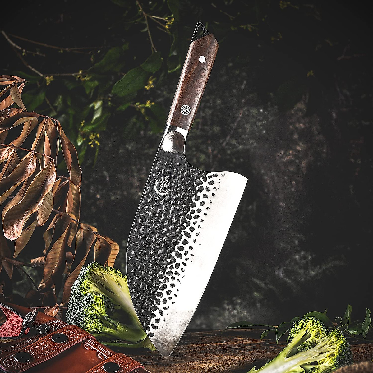 [Full Tang]Butcher Knife Handmade Forged Kitchen Chef Knife Grandsharp Pro Razor Sharp Serbian Clad Steel Meat Vegetable Chopping Cutting Cleaver with Leather Knife Sheath