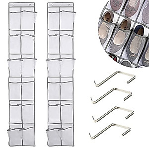HINIHAO 24 Pockets Over The Door Hanging Shoe Organizer, 12 Large Mesh Pockets Closet Holder Hanger Storage Bag Rack with Hook (A-White)