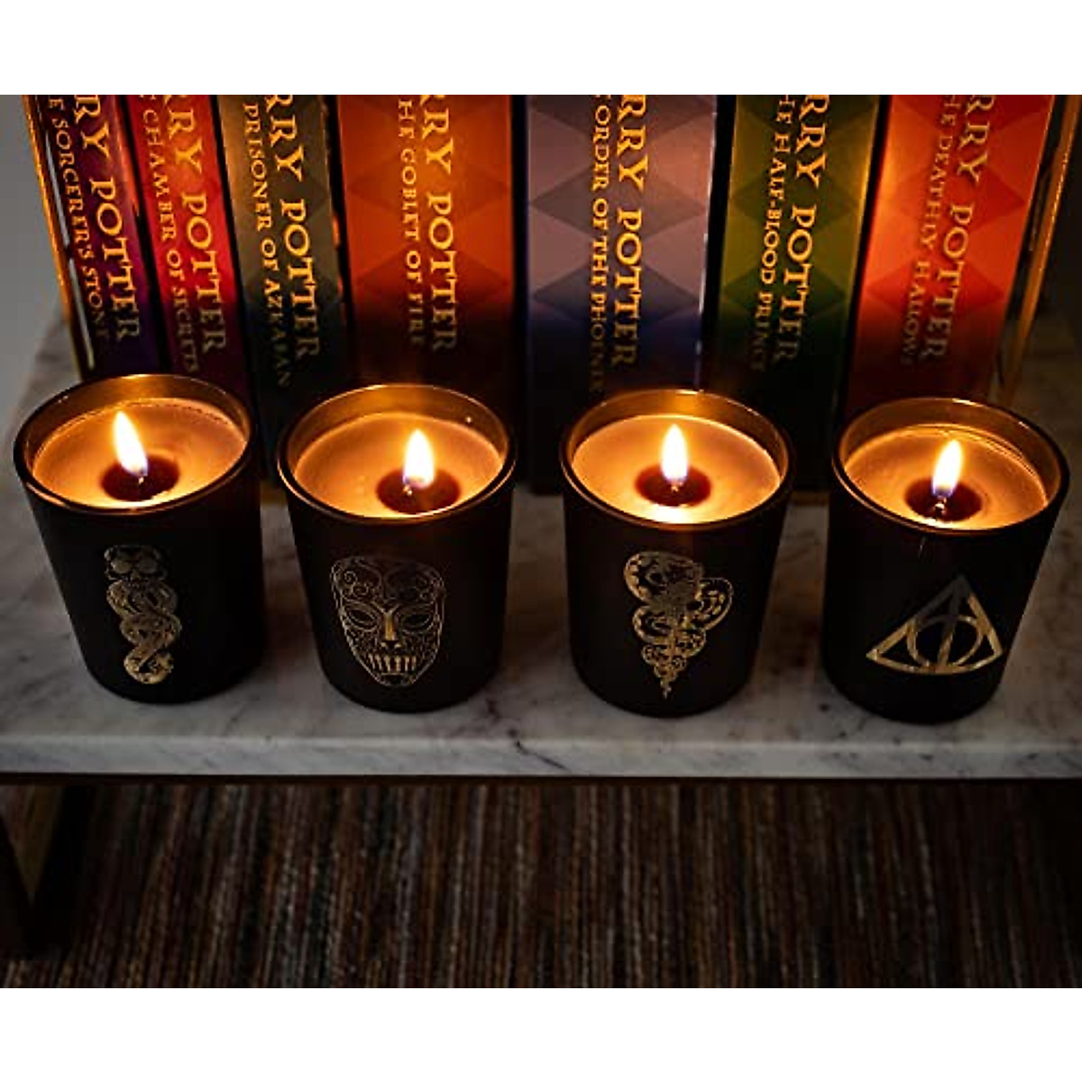 Harry Potter Dark Arts Scented Soy Wax Candle Collection, Set of 4 with Unique Fragrances | 20-Hour Burn Time | Home Decor Housewarming Essentials, Wizarding World Hogwarts Gifts and Collectibles