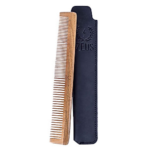 ZEUS Sandalwood Beard & Mustache Comb with Leather Case, Long Handmade Saw-Cut & Anti-Static Hair Comb (L31)