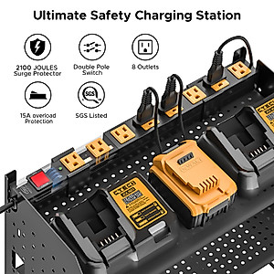 CRST Power Tool Organizer Wall Mount with Charging Station, Cordless Drill Holder with 8-Outlet Heavy Duty Power Strip, Modular Garage Organization Storage Rack Shelf, DIY Pegboard, Gift for Men Black