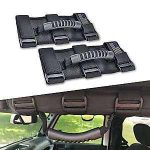 cueclue Pack-2 Auto Grab Handle Set, Roof Handle Strap, Armrest Car Handle Strap, 3 Straps American Flag Design, Compatible with Jeep Wrangler TJ YJ JK, for 1987-2022 Models (Black)
