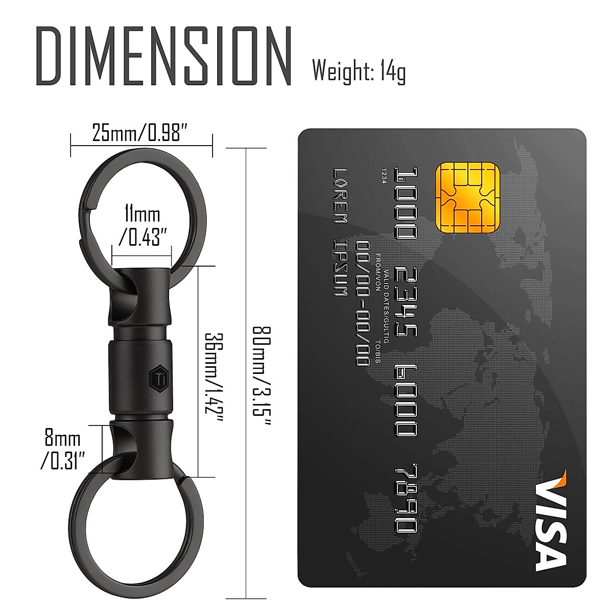 KeyUnity KA24BK Detachable Key Ring Connector, Double-end Swivel Keychain Titanium Rotatable Key Organizer Linker for Carabiner