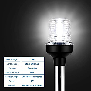 Obcursco 12 Inches Led Anchor Navigation Lights, White Fold Down Boat Stern Light, 3 NM Visibility Marine All Round Lights for Pontoon and Fishing Boats