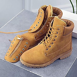 Padaleks Women's Round Toe Waterproof Ankle Bootie Lace Up Low Heel Work Motorcycle Combat Boots High Tops Booties