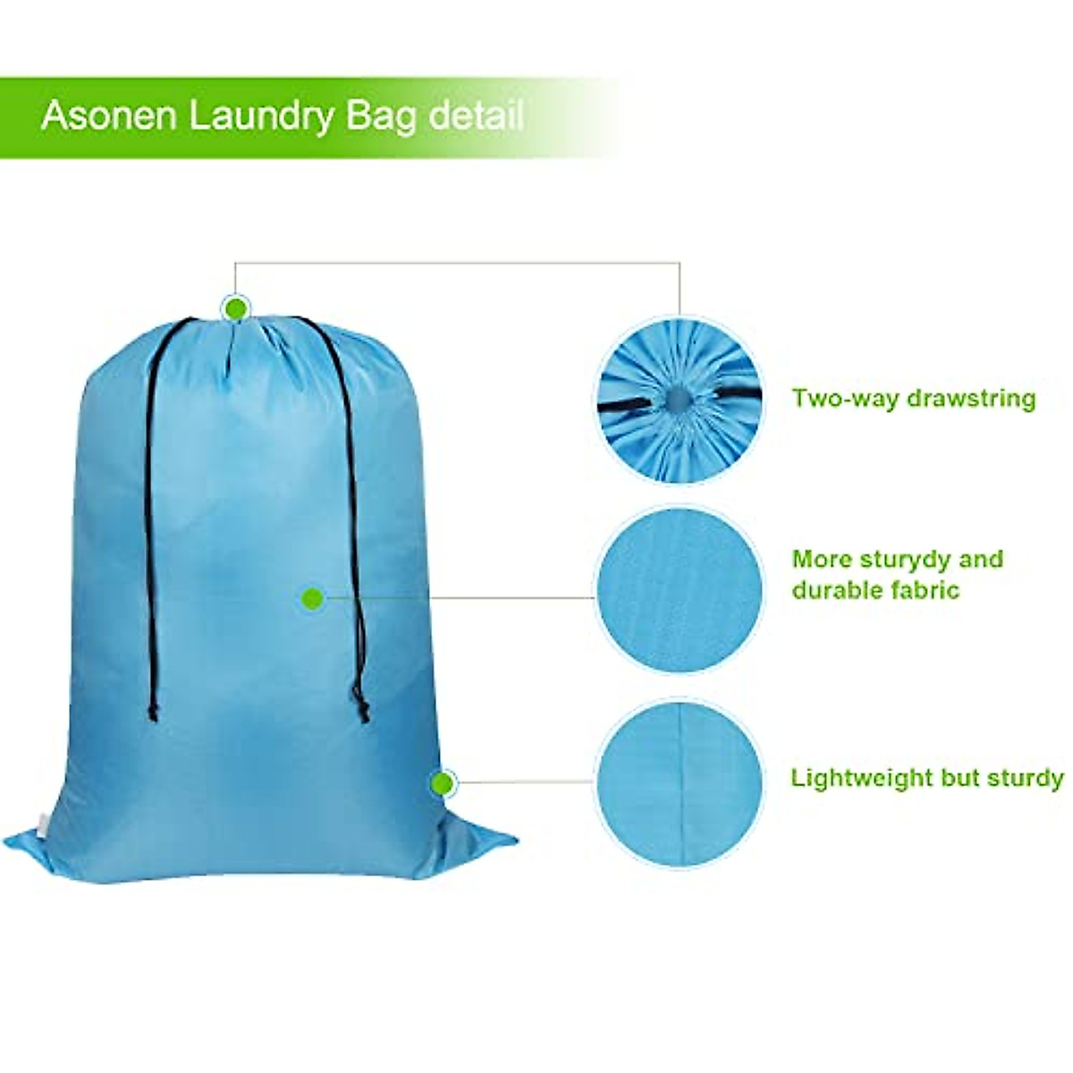 Asonen Travel Dirty Laundry Bags 27 x 36 inch [2 Pack] Heavy Duty Drawstring Organizer Bag Tear Resistant Clothes Organization Storage for Home Dorm Camp Trip College 68 x 90cm (Blue)