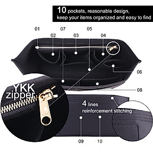 Doxo Felt Organizer Insert Handbag&Tote Purse Organizer Insert Large with Zipper Bag in Bag Fits for Speedy and Neverfull Saint Louis PM & Base Shaper 2pc Set(Large-Black-Combination)