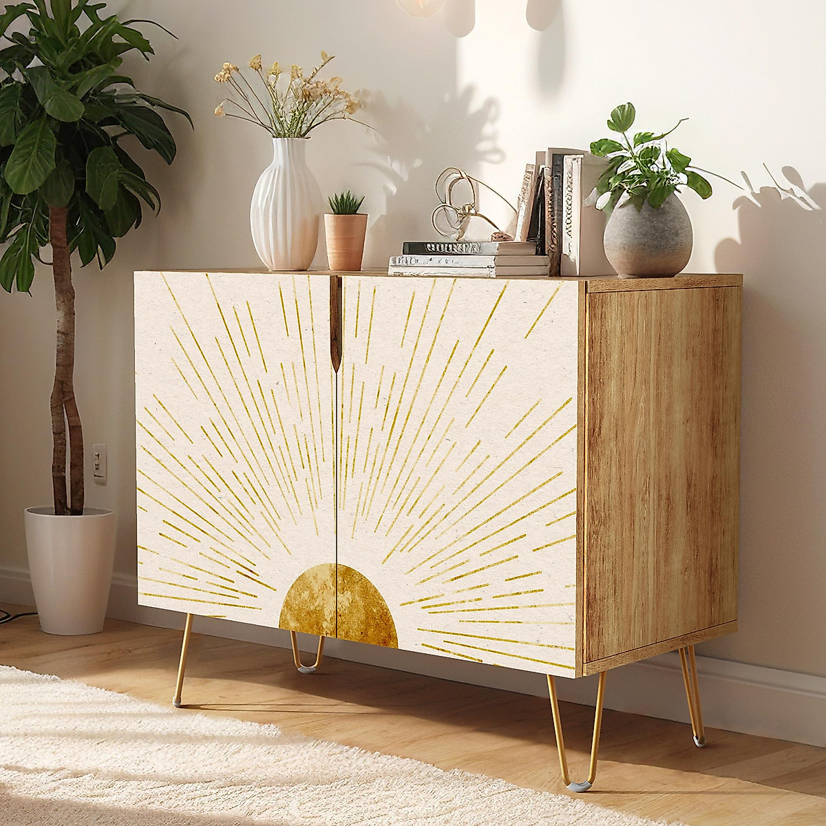 SIGNWIN Sideboard Buffet Cabinet, Kitchen Storage Cabinet with 2 Doors, Golden Rising Shining Sun Horizon, Cupboard Console Table for Dining Room - 35" L x 18" W x 29" H