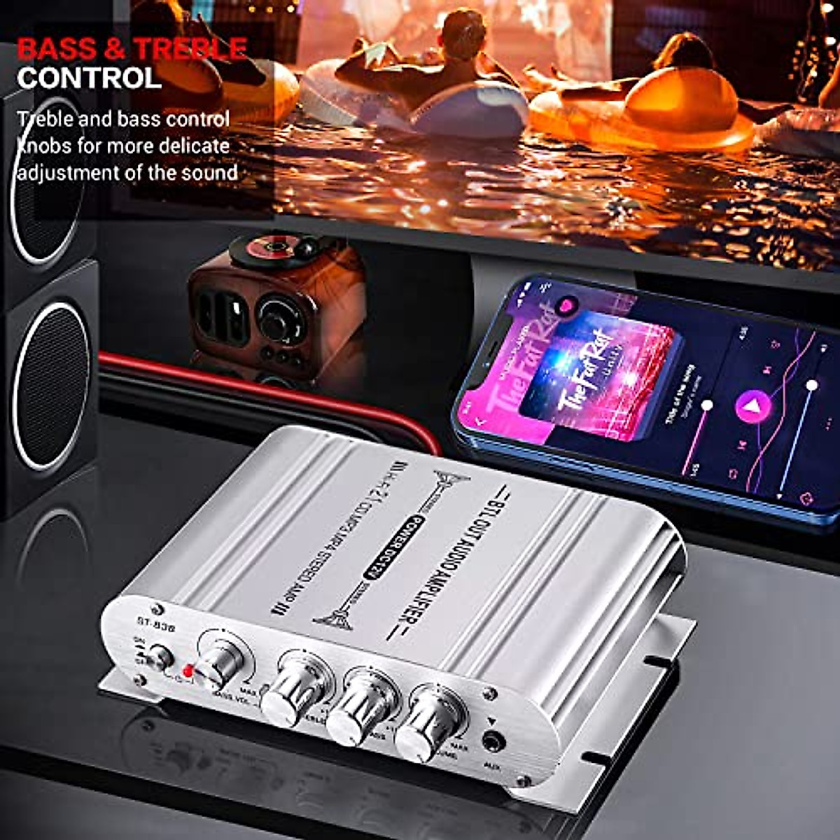 Facmogu ST-838 2.1CH Audio Power Amplifier, RMS 20Wx2+40W Class D Stereo Digital Audio Amp with Subwoofer Output, 80W Mini Subwoofer Amplifier Audio Stereo Bass Amp with DC12V Power Adapter - Silver