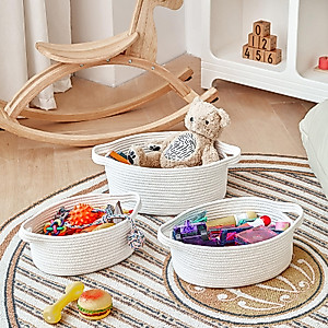R RUNKA White Storage Basket Set of 3, Soft Woven Cotton Rope Shelf Baskets with Handles,Organizer Basket Sets for Laundry, Toys, Books and Towels
