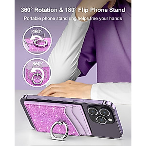 Anfauny MagSafe Phone Wallet - Leather Magnetic Cell Phone Wallet Card Holder with 360°Rotation Ring Phone Stand & RFID Blocking Compatible with iPhone 15/14/13/12 Series & MagSafe Cases - Purple