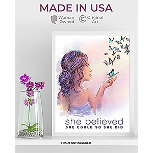 Inspirational 'She Believed She Could So She Did' Wall Art Poster Unframed, Positive Quotes Motivational Wall Decor for Women, Inspiring Girl & Butterflies Bedroom Wall Posters by Briteside Vibes