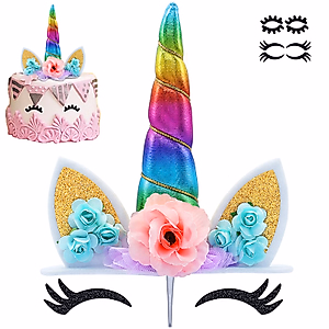 Unicorn Cake Topper Handmade Rainbow Horn Unicorn Cake Topper Unicorn Happy Birthday Party Decoration Supplies Magic Reusable Cake Topper with Eyelashes and Stack for Girls Kid Women, 5.8 Inch