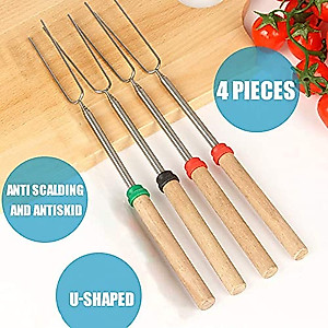 Telescoping Marshmallow Roasting Sticks with Wooden Handle 32-inch Extendable Sturdy Stainless Steel Roasting Forks for BBQ Extendable Forks Camping Accessories (4)