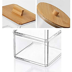 1 PK Transparent Acrylic makeup Pad Holder with Wood Lid Makeup Pads Dispenser Container Holder Apothecary Jars Bathroom Clear Plastic Bottle Rounds Organizer Storage Display Rack Cosmetic Pad