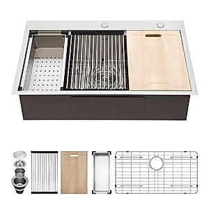 33 Kitchen Sink Drop In, Kichae 33 Inch Kitchen Sink Ledge Workstation Stainless Steel 16 Gauge Topmount Single Bowl Kitchen Sink with Accessories