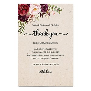 321Done Thank You Table Place Setting Cards (Set of 50) Large 4x6 with Love, Wedding, Party, Retirement, Graduation, Birthday, Shower, Baby Bridal - Made in USA - Watercolor Red Roses Floral Tan