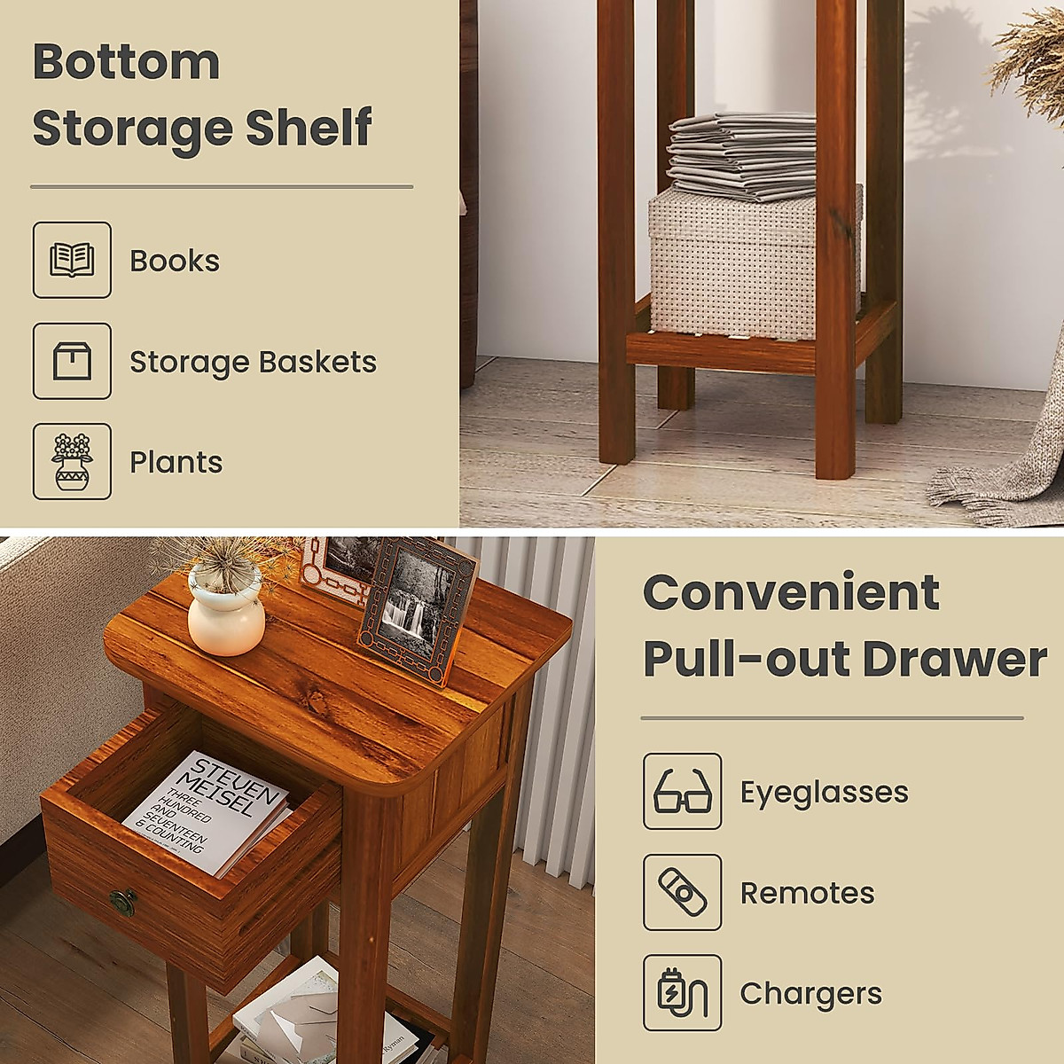 Giantex Narrow End Table with Drawer, Tall Acacia Wood Side Table with Bottom Shelf, Modern Bedside Tables, 2-Tier Nightstand for Small Spaces Bedroom Living Room, No Assemble Required, Brown