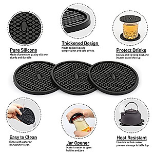 3 Pack Silicone Coasters for Drinks, Thickened Black Coasters with Deep Tray Grooved Design Cup Mat, Washable Heat Resistant Durable Non-Slip Coasters for Coffee Table Wooden Desk Kitchen Bar