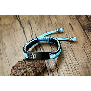 VNOX Customize Medical Alert 13MM Handmade Braided Rope Stainless Steel ID Paracord Adjustable Bracelet,Blue