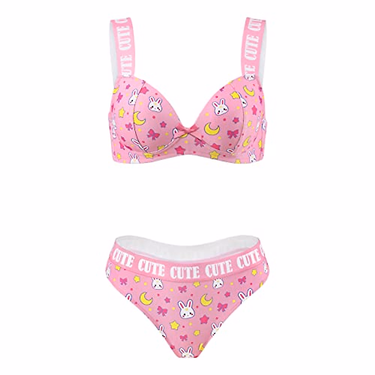 Littleforbig Women Nightwear Strap Sleepwear Cami Top and Thong Bralette Set - Usagi Sporty Pink M