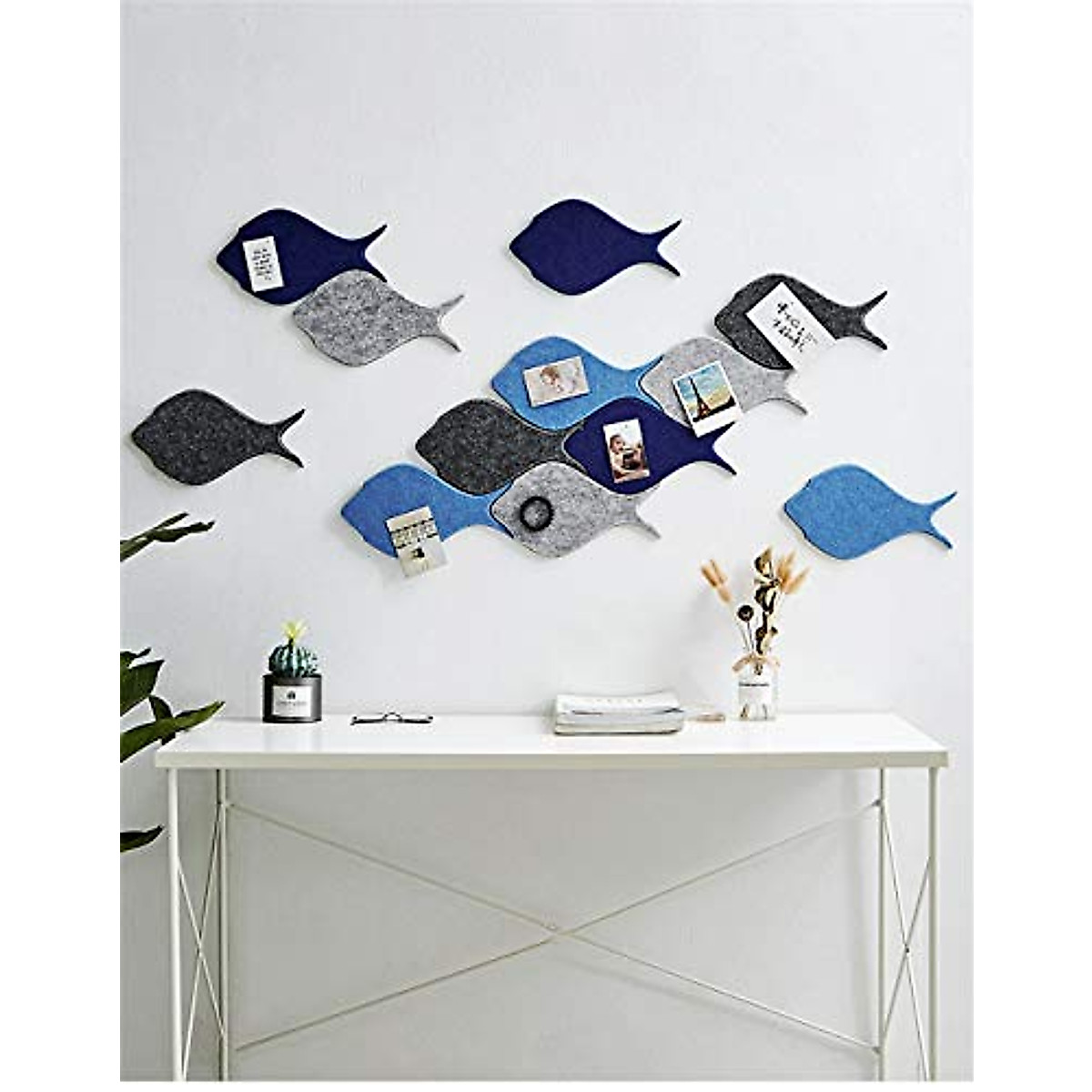 Cork Board Tiles, 8 Pcs Felt Bulletin Boards - Bonus Pins, Decorative Fish Felt Wall Notice Stickers - Memo Notes Photos Goals Pictures Drawing Kindergarten Home Creative Office Decor Sofa Wall Decal