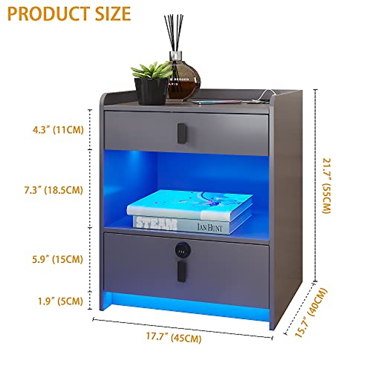 Dytler RGB Smart Nightstand, with Wireless Charging Station and USB Port, Modern Bedside Table, Bedroom LED Night Stand, 2 Drawers, Lockable, Home Office end Side Cabinet(Grey)