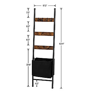HOOBRO Blanket Ladder with Basket, 17.3”L x 63.4”H, Towel Rack with Hooks, Blanket Holder Rack, Decorative Ladder Shelf, Drying and Display Rack for Bathroom, Living Room, Rustic Brown BF31CJ01