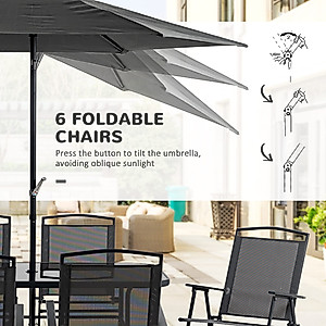 Outsunny 8 Piece Patio Dining Set with Table Umbrella, 6 Folding Chairs and Rectangle Dining Table, Outdoor Patio Furniture Set, Black