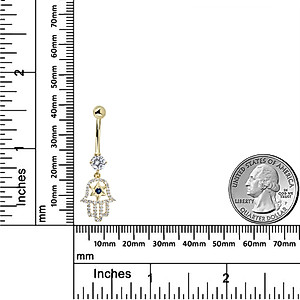 AVORA 10K Yellow Gold Simulated Diamond CZ Dangling Hamsa Belly Button Ring Body Jewelry (14 Gauge)