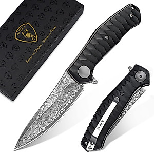 AUBEY Damascus Pocket Knife for Men with Clip EDC, 3.23" VG10 Core Damascus Steel Blade of Folding Knife with Black Aluminum Handle, Sharp Damascus Camping Knife