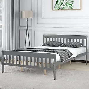 IULULU Queen Bed Frame, Solid Wood Platform Bed Frame with Headboard & Footboard, Queen Size Mattress Foundation with Wooden Slats Support, Easy Assembly, No Box Spring Needed, Light Grey