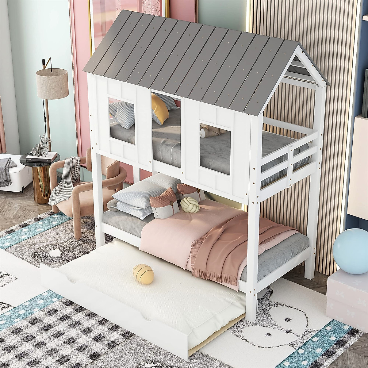 House Bunk Beds Twin Over Twin with Trundle,Kids Bunk Beds with Roof and Windows, Wood Twin Bunk Beds for Girls, Boys,White