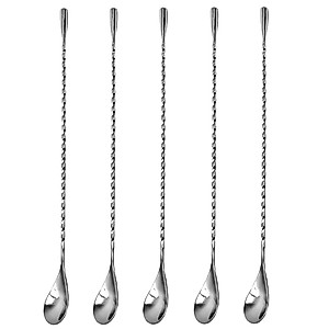 Hoshen 12 Inch Stainless Steel Long-Handled Spiral Twisted Spoon, Cocktail Mixing Spoon - 5 PCS