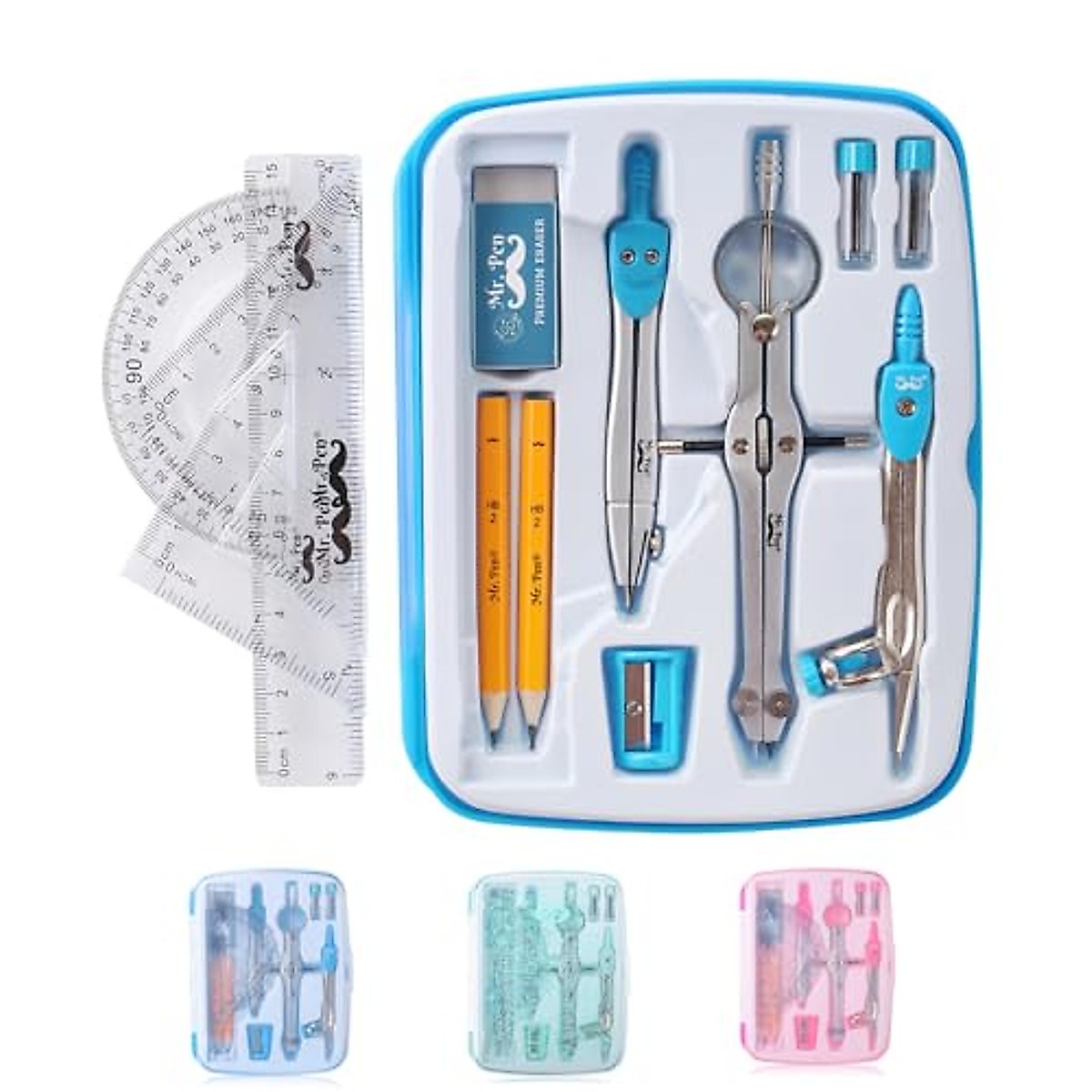 Mr. Pen- Geometry Set, 13 pcs, Compass for Geometry, Protractor Set, Geometry Kit Set with Shatterproof Storage Box, Geometry Kit, Drawing Tools, Drafting Set, Drafting Tools & Drafting Kits (Blue)